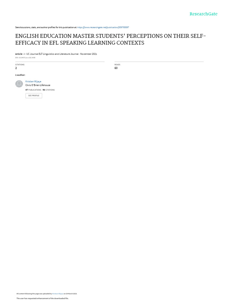 English Education Master Students' Perceptions On Their Self-Efficacy in Efl Speaking Learning ...