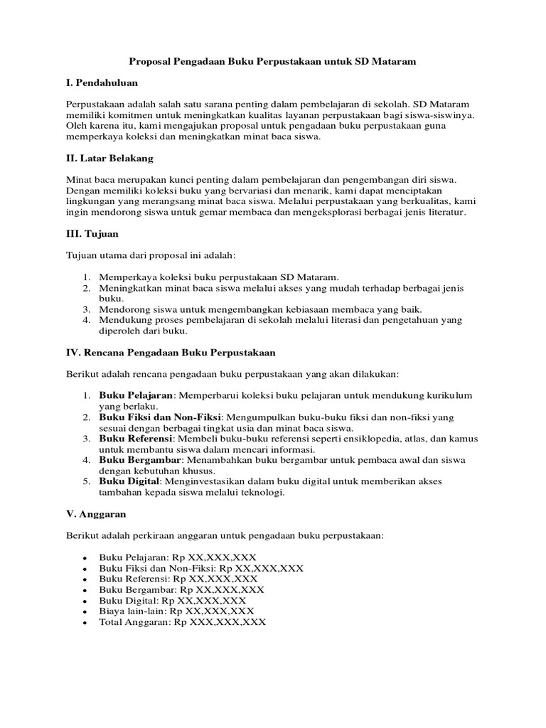 Proposal Pengadaan Buku Perpustakaan Untuk SD Mataram | PDF