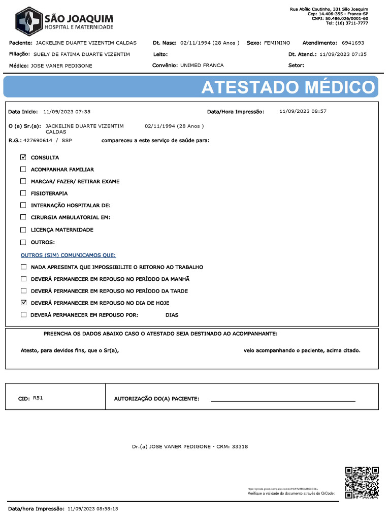 Atestado Médico Jackeline Duarte 11/09/23 | PDF | Remédio | Sistema de ...