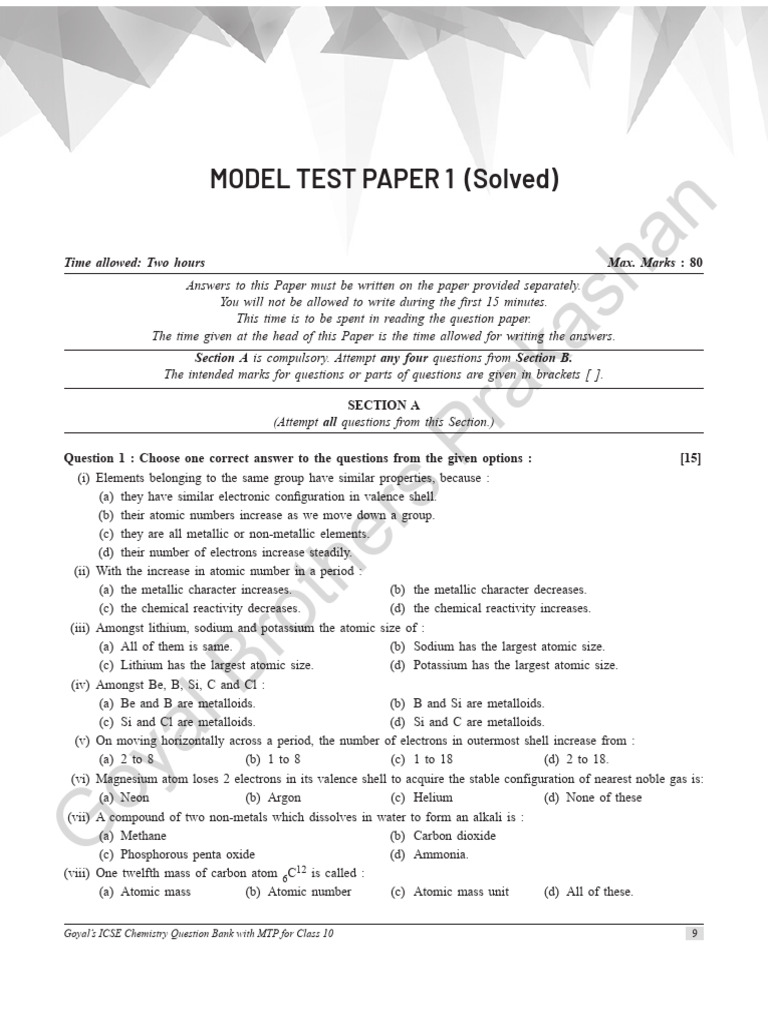 Chemistry Model Paper 1 | PDF | Acid | Chemical Bond