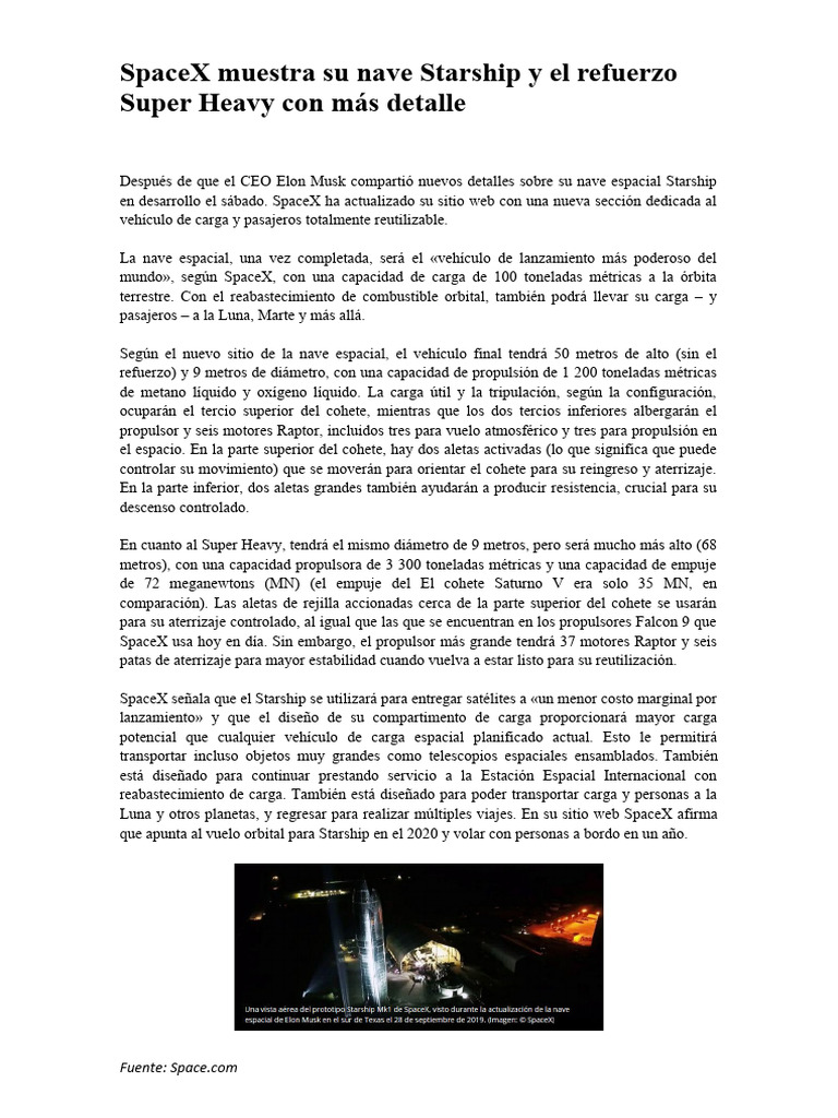 SpaceX Muestra Su Nave Starship y El Refuerzo Super Heavy Con Más Detalle | PDF | Espacio X ...