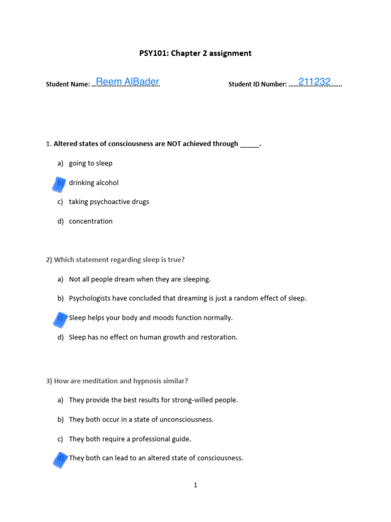 PSY101 Chapter 2 Assignment | PDF | Sleep | Rapid Eye Movement Sleep