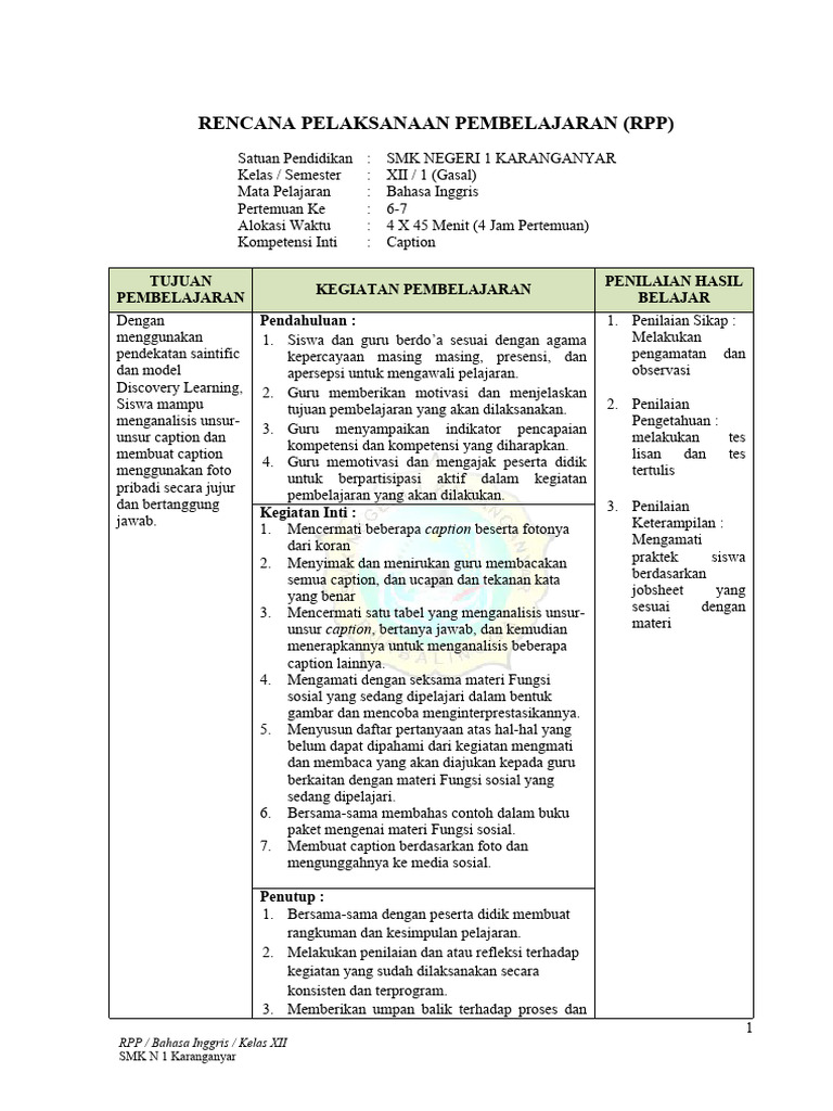 RPP Caption | PDF | Pengembangan Diri | Sains & Matematika