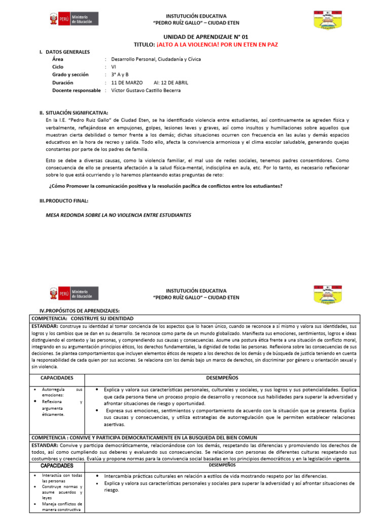 Unidad de Aprendizaje DPCC 3ero | PDF | Las emociones | Aprendizaje