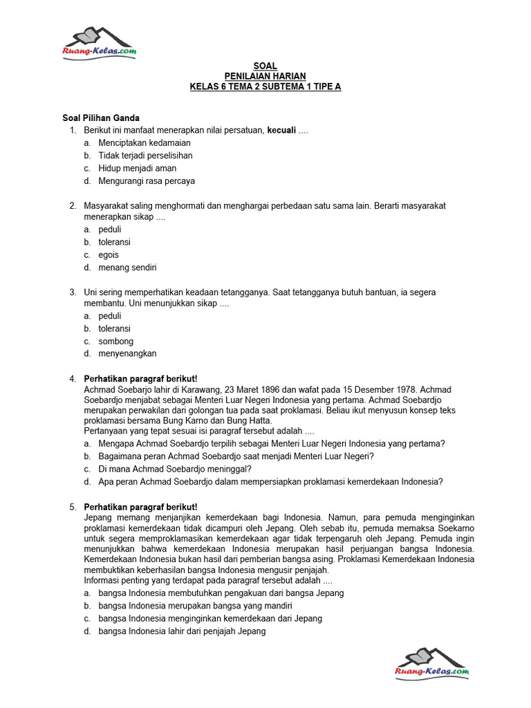PH Kelas 6 SD Tema 2 Sub Tema 1 Tipe A & B Tahun 2021-2022 | PDF