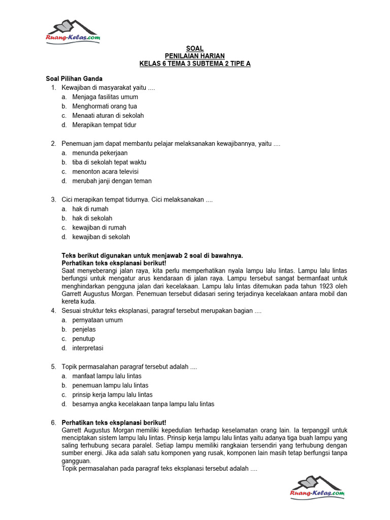 PH Kelas 6 SD Tema 3 Sub Tema 2 Tipe A & B Tahun 2021-2022 | PDF