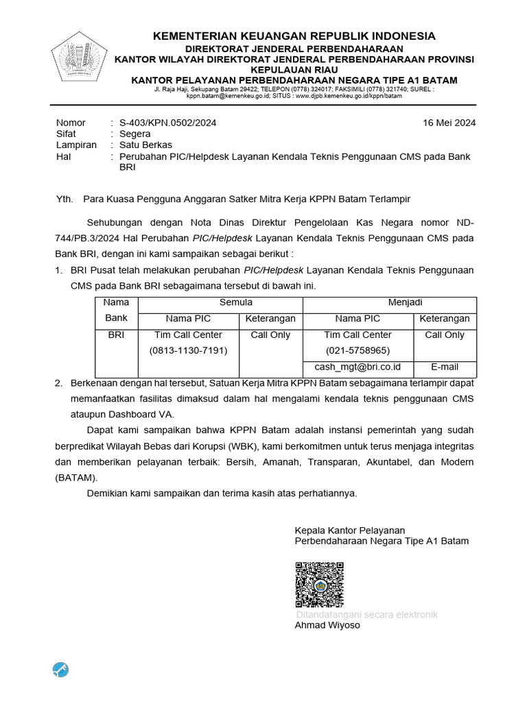 Perubahan PIC Helpdesk CMS BRI | PDF