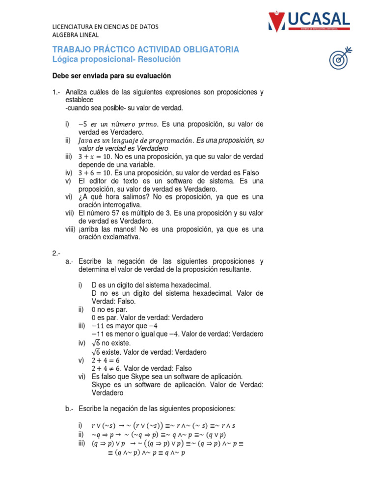 Resolución Trabajo Práctico 1 - Algebra Lineal | PDF | Proposición | Verdad