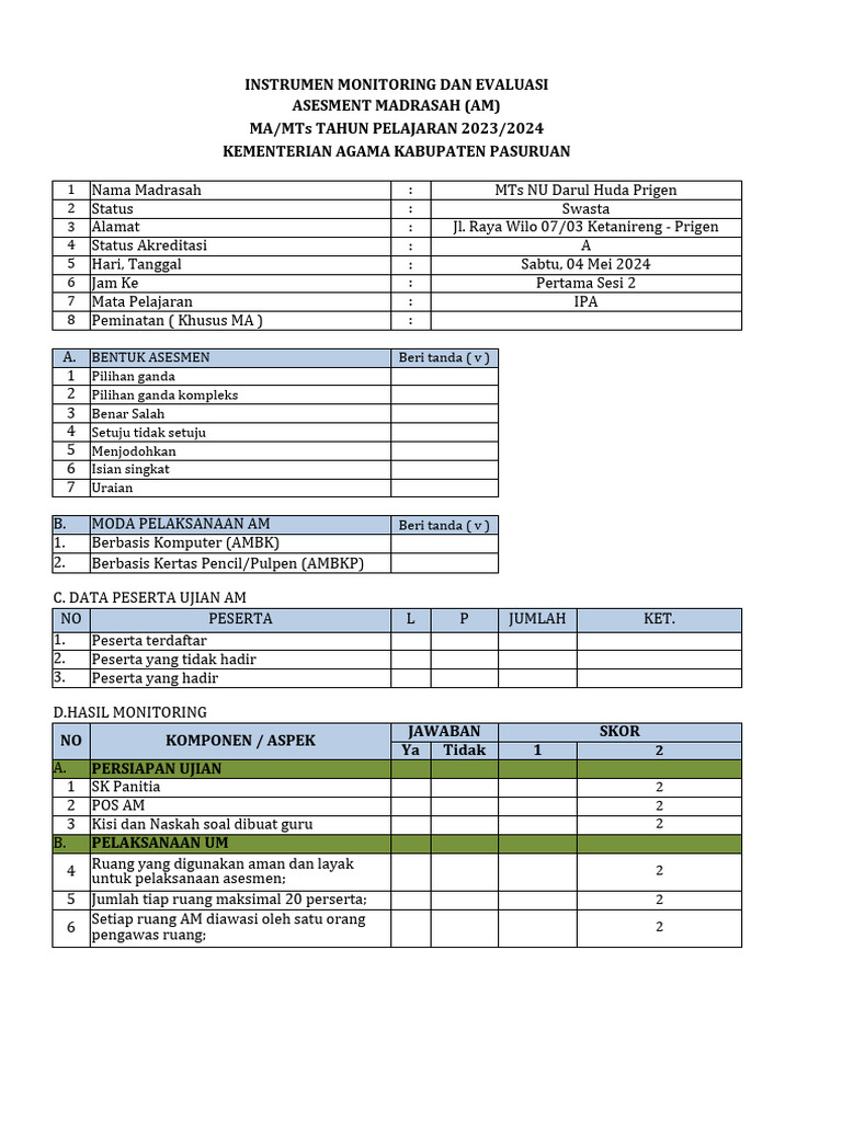 Instrumen Monev Am 2024 | PDF