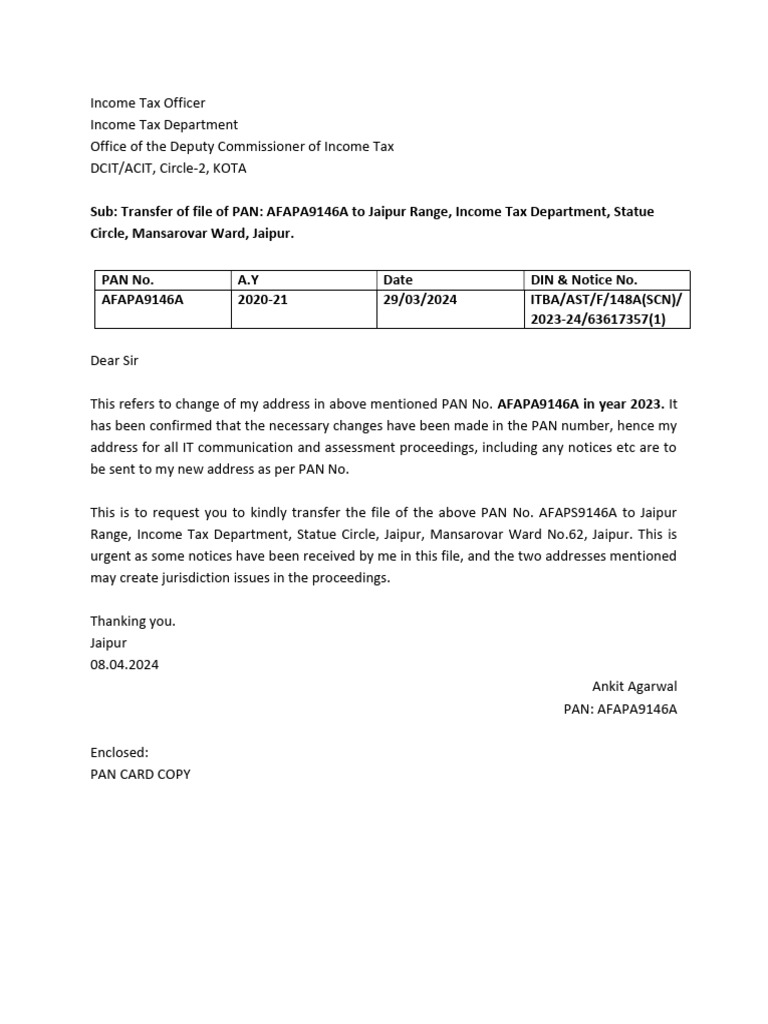 Ankit Agarwal Pan Transfer | PDF