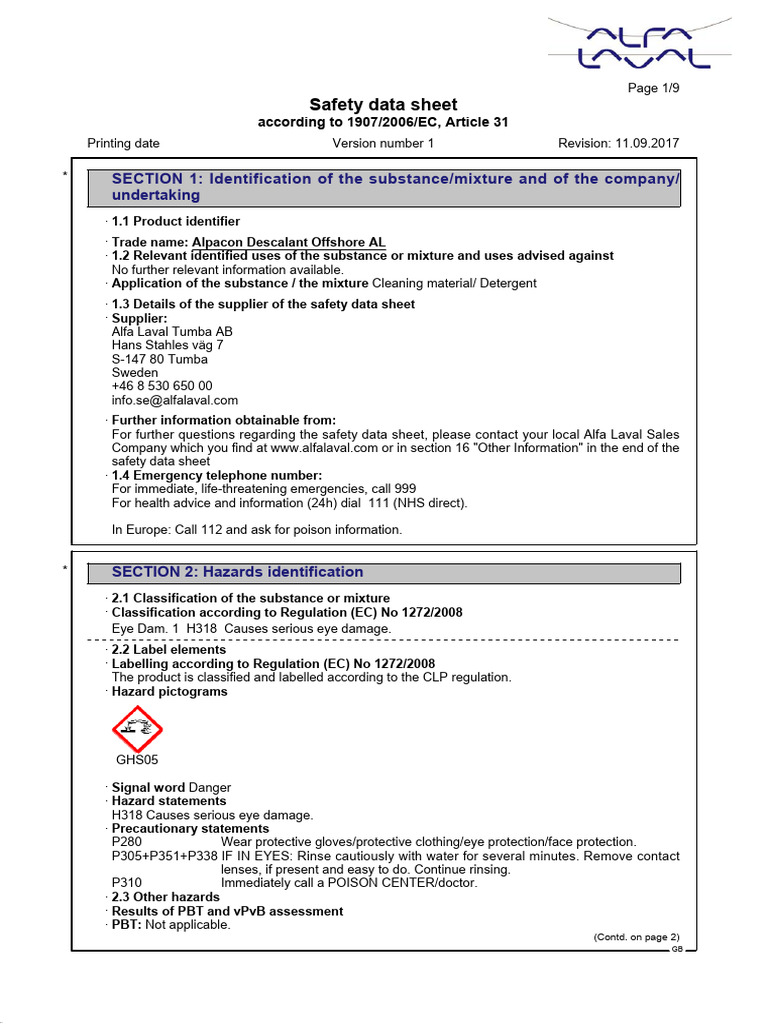 Alpacon Descalant Offshore | PDF | Dangerous Goods | Toxicity