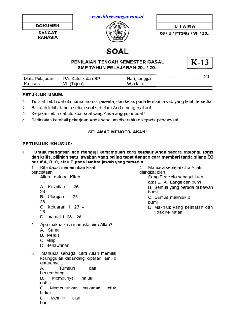 Soal PTS Agama Katolik Kelas VII Ganjil K13 - WWW - Kherysuryawan.id | PDF