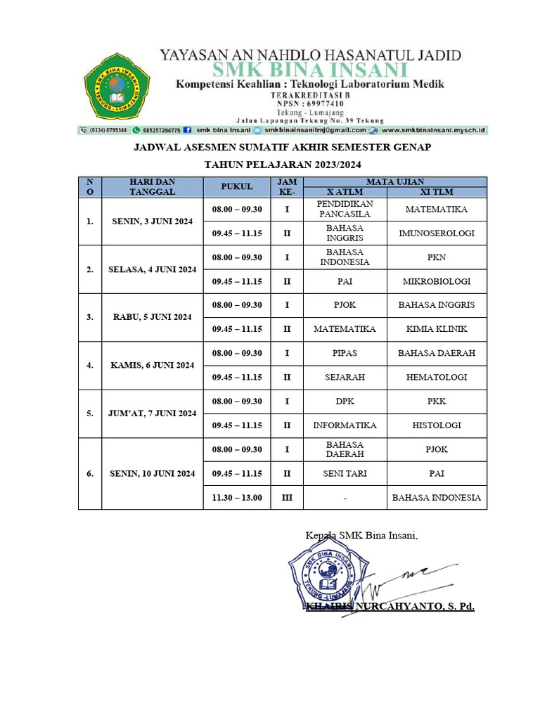 Jadwal Asesmen Sumatif Akhir Semester Genap | PDF