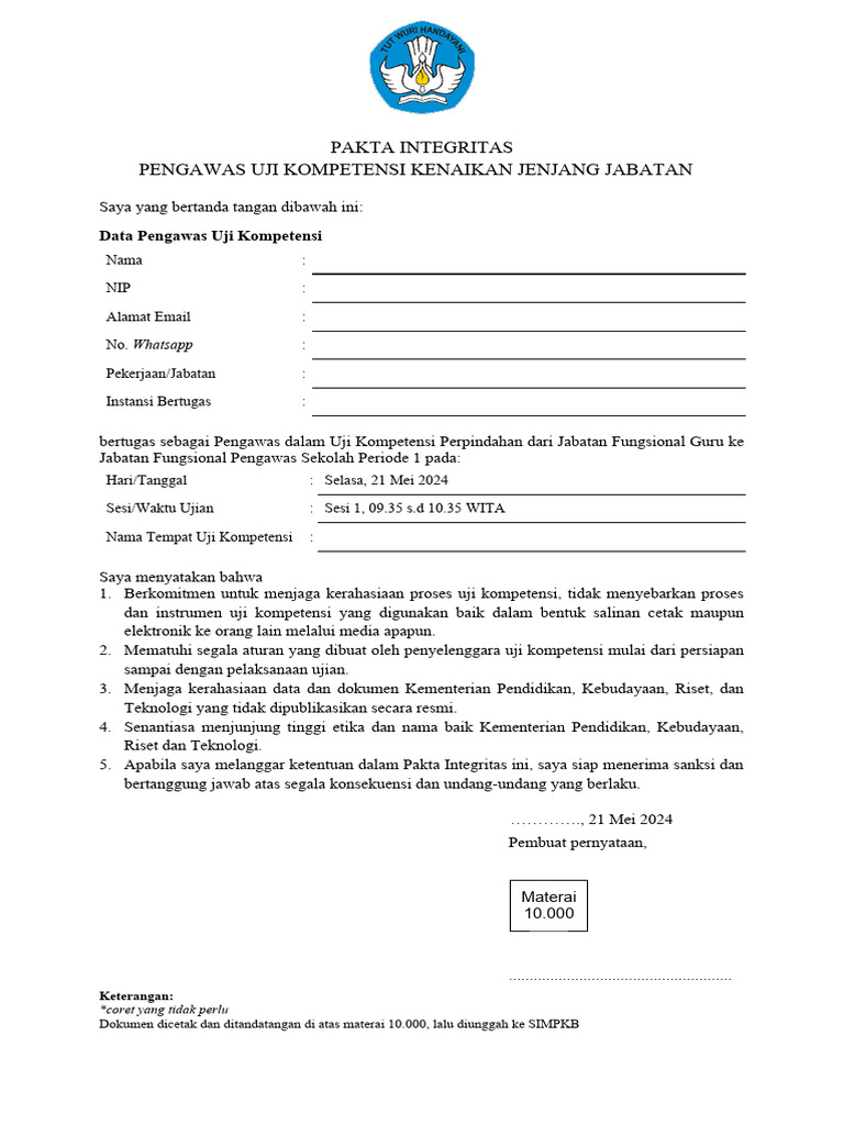 Pakta Integritas Pengawas Uji Kompetensi | PDF