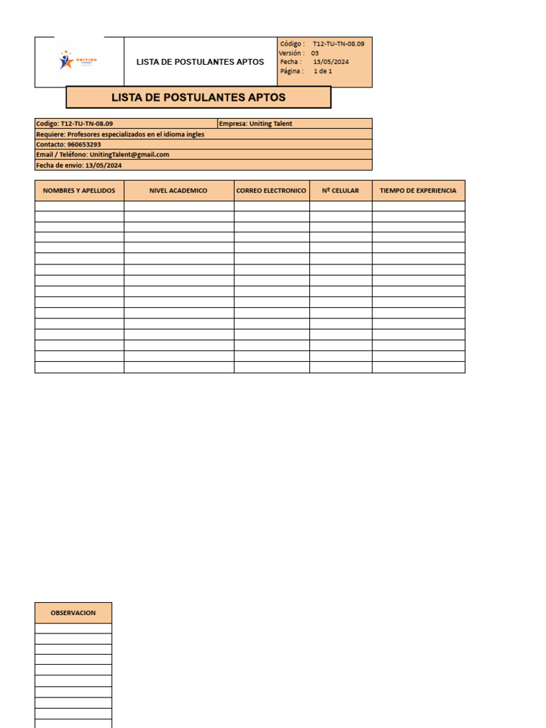 Modelo de Tabla de Aptos | PDF