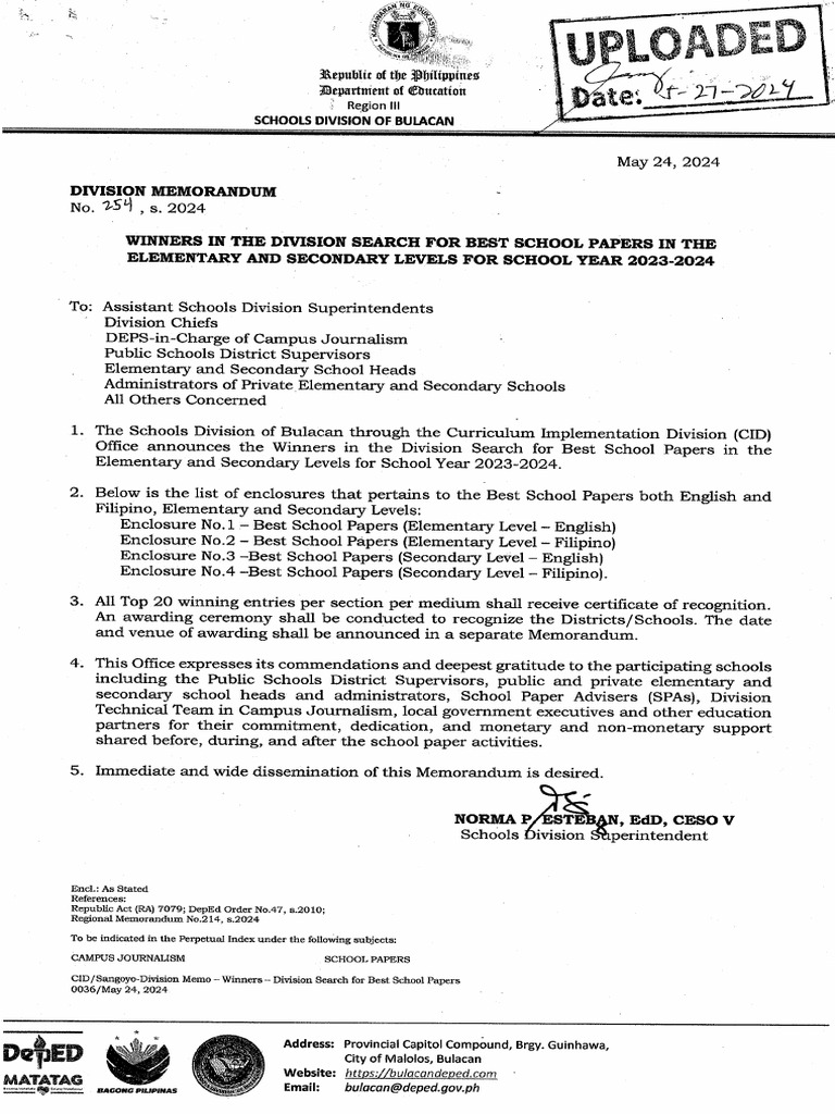 Division Memorandum No 254 S 2024 1 | PDF