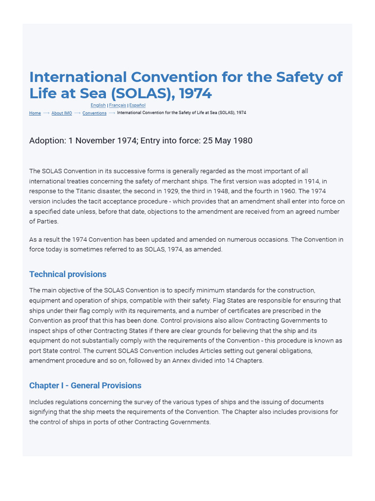 International Convention For The Safety of Life at Sea (SOLAS), 1974 ...