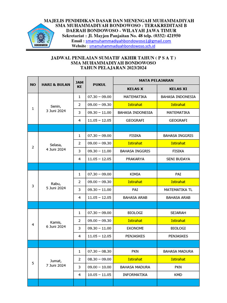 Contoh Jadwal Psat 2024 | PDF