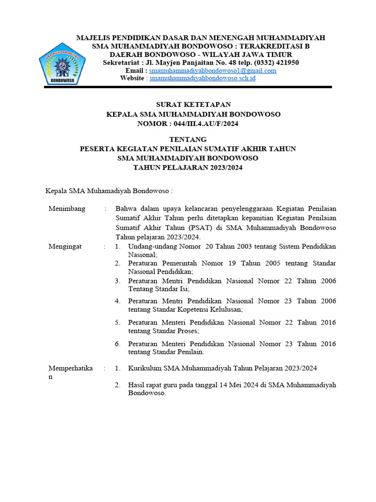 Contoh SK Penetapan Peserta Sat | PDF