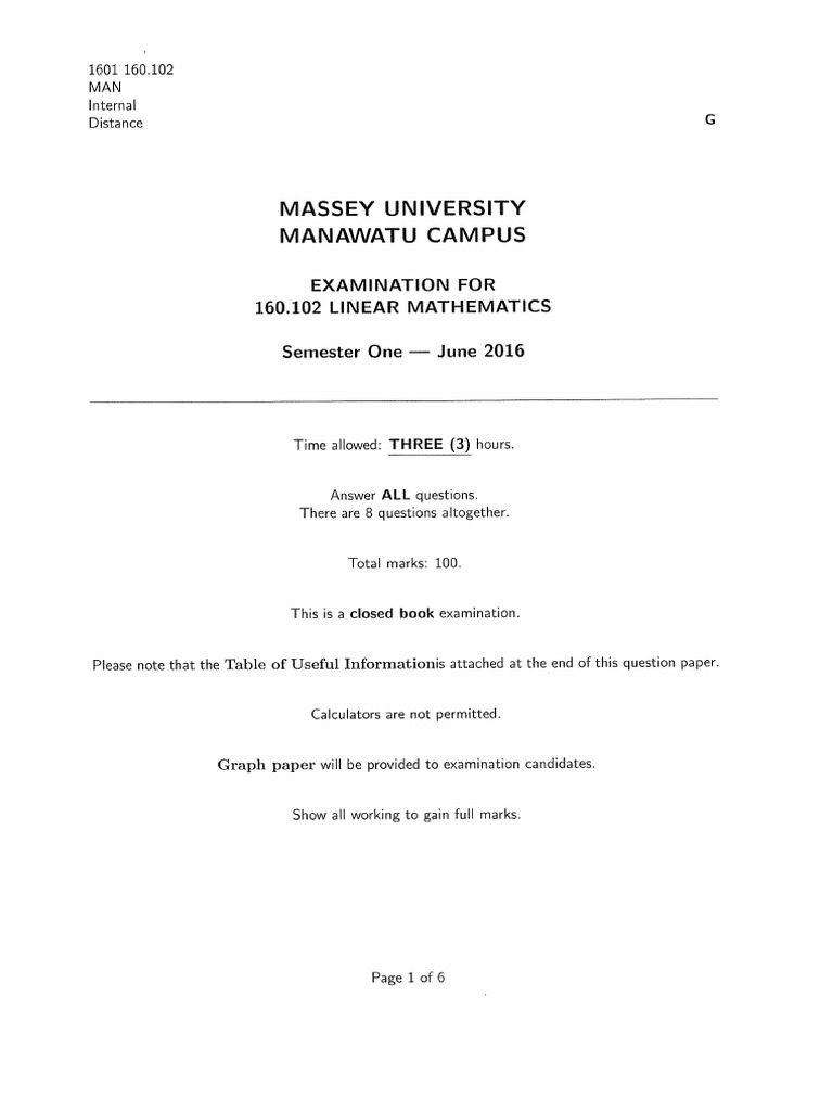 160.102 Linear Mathematics - Massey - Exam - S1 2016 | PDF
