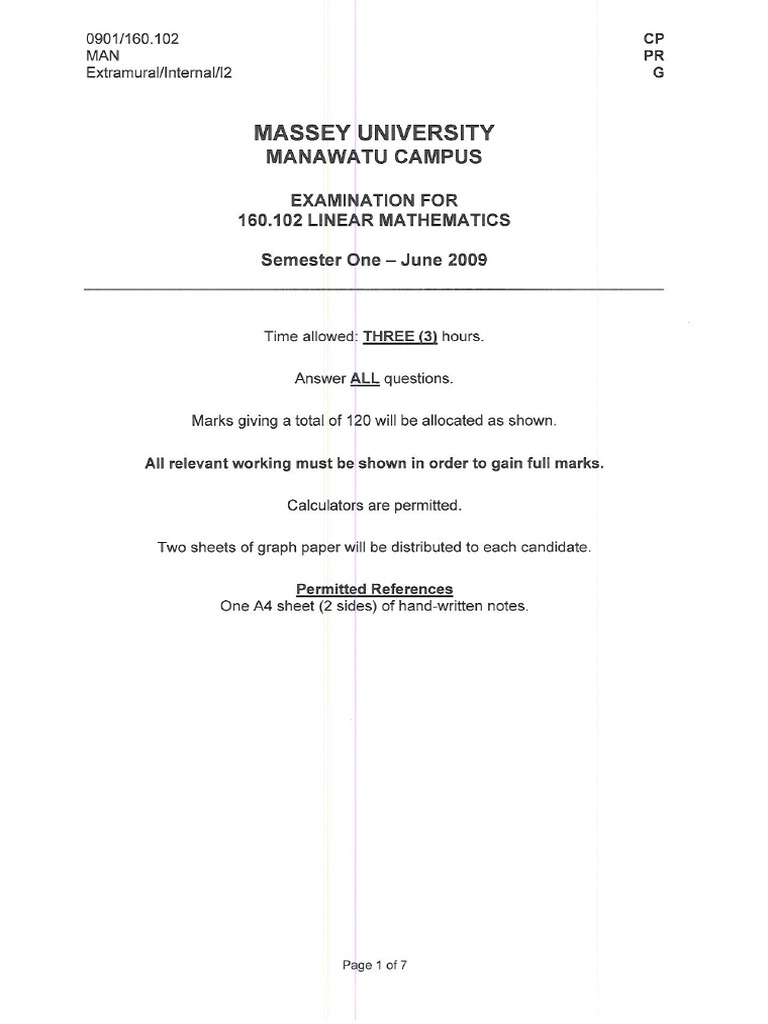 160.102 Linear Mathematics - Massey - Exam - S1 2009 | PDF
