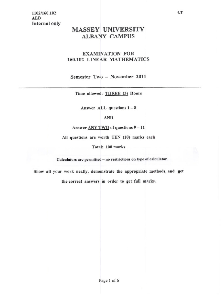 160.102 Linear Mathematics - Massey - Exam - S2 2011 | PDF