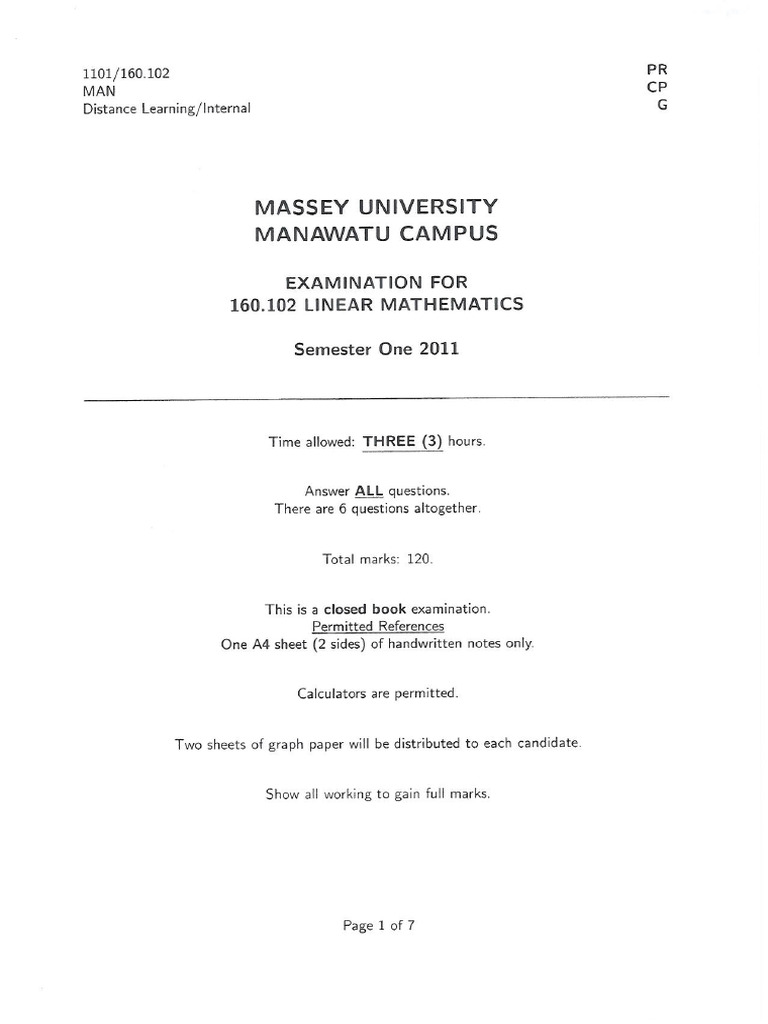 160.102 Linear Mathematics - Massey - Exam - S1 2011 | PDF