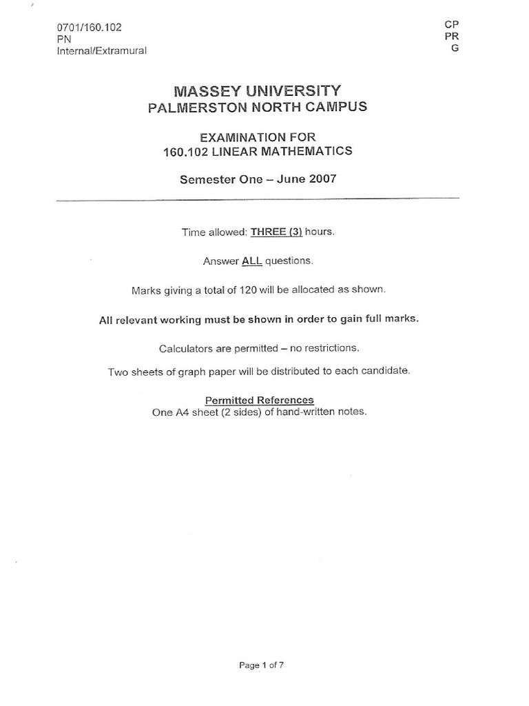 160.102 Linear Mathematics - Massey - Exam - S1 2007 | PDF