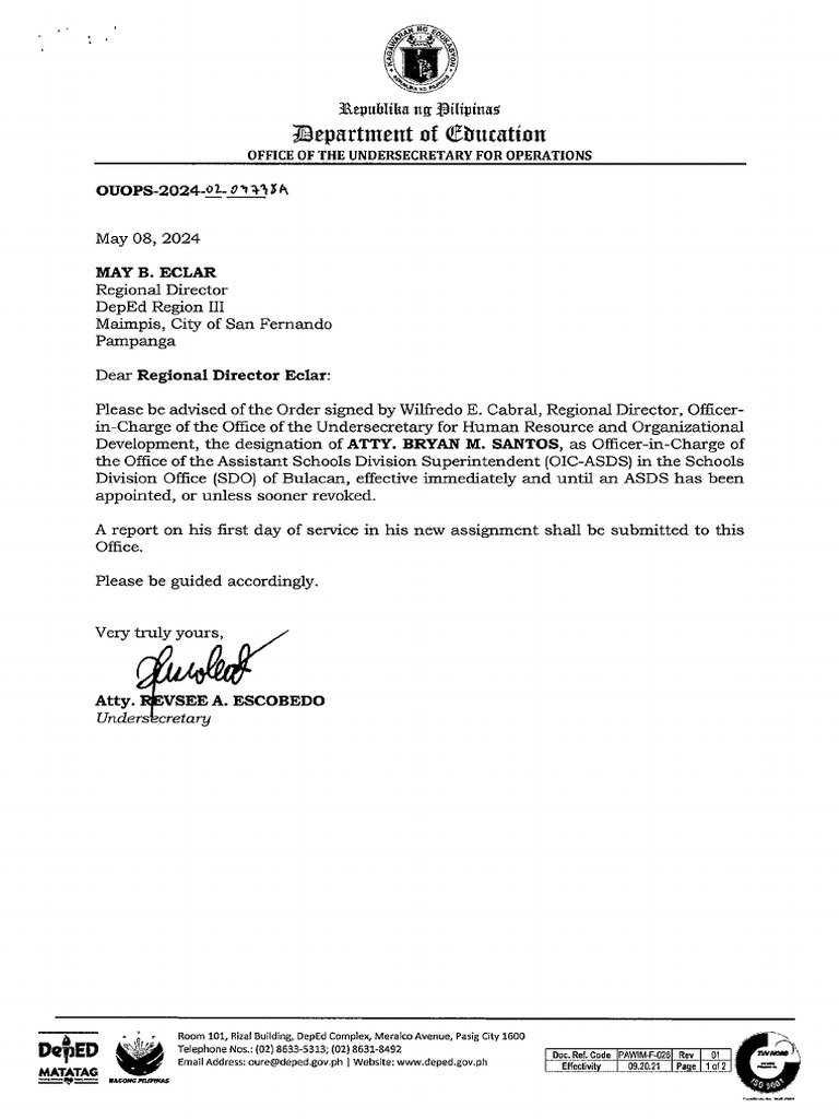 Designation Order of Atty. Bryan M. Santos As Oic Asds of Sdo Bulacan ...