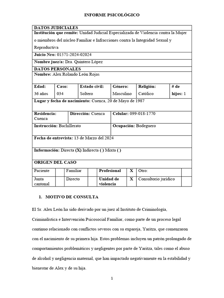 Alex León 034 INFORME PSICOLÓGICO | PDF | Sicología | Ciencias del comportamiento