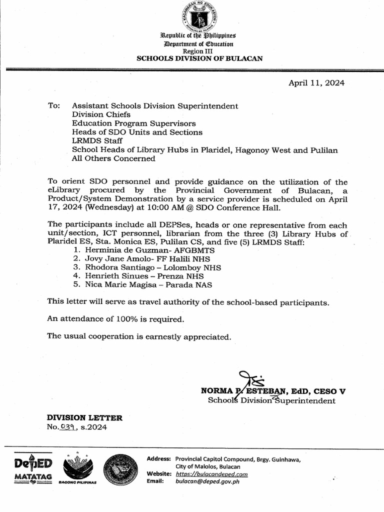 Division Letter No 039 S 2024 | PDF