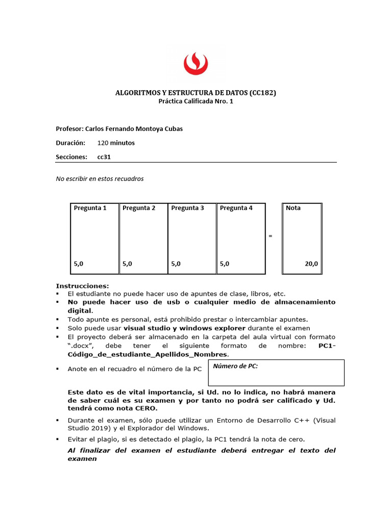 Algoritmos y Estructura de Datos PC1 - V | PDF | Desarrollo de software | Tecnologías de la ...
