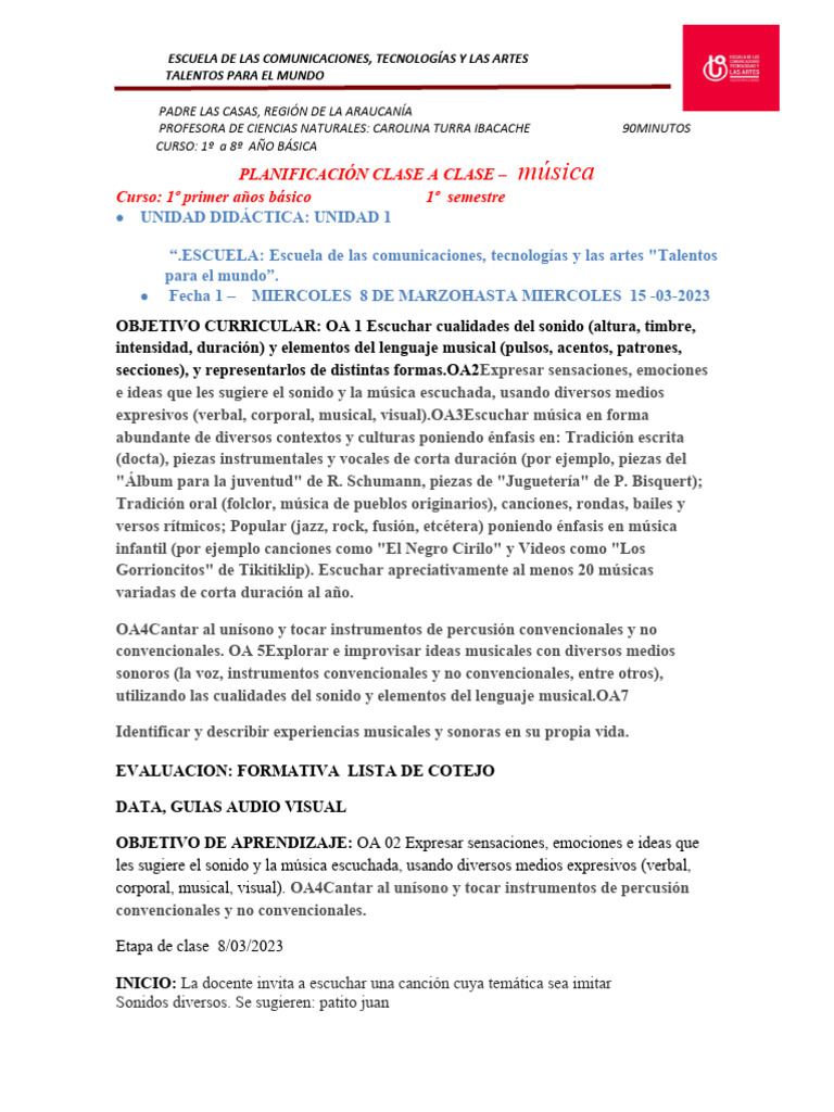 PLANIFICACIÓN CLASE A CLASE musica 2023 1º | PDF | Canciones | Ritmo