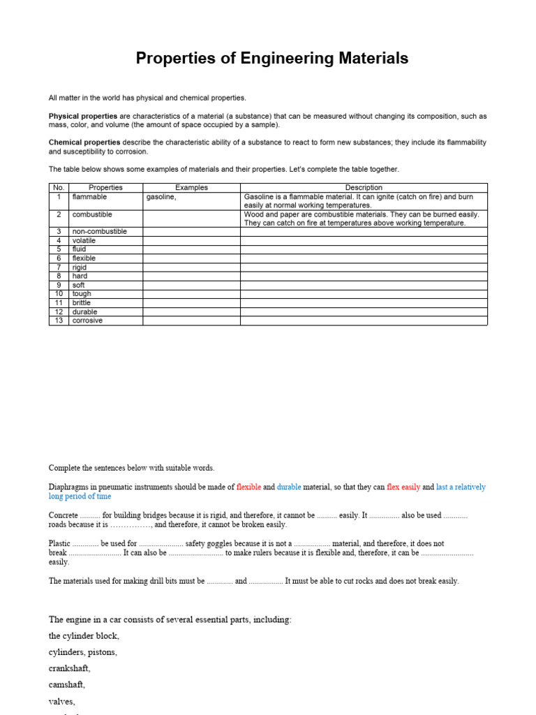 Properties of Materials - Worksheet | PDF | Internal Combustion Engine ...