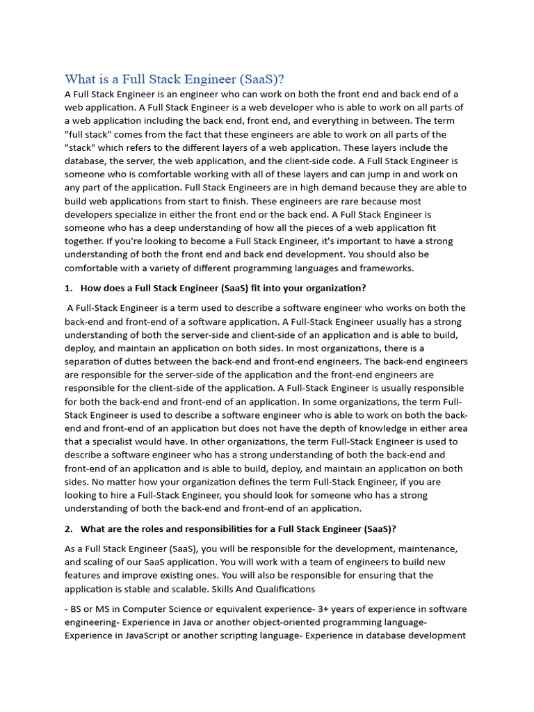 SaaS - Full Stack Engineer Interview Questions | PDF | Cloud Computing | Web Application