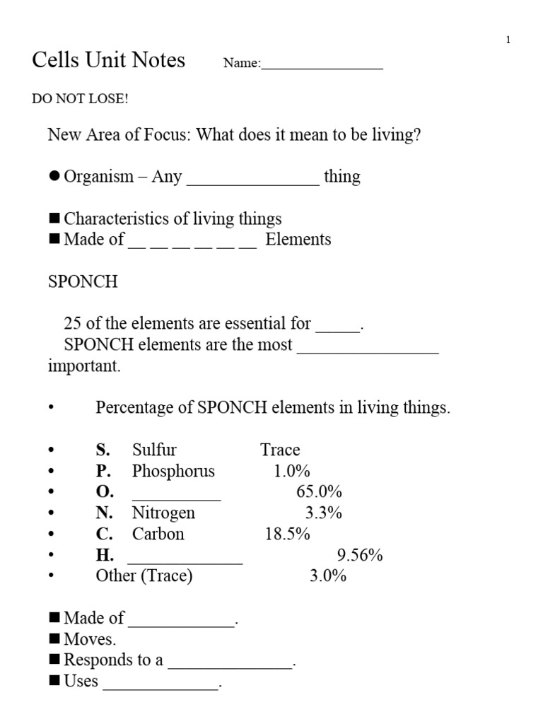 Importance of SPONCH Elements in Life | PDF | Cell (Biology) | Cell ...