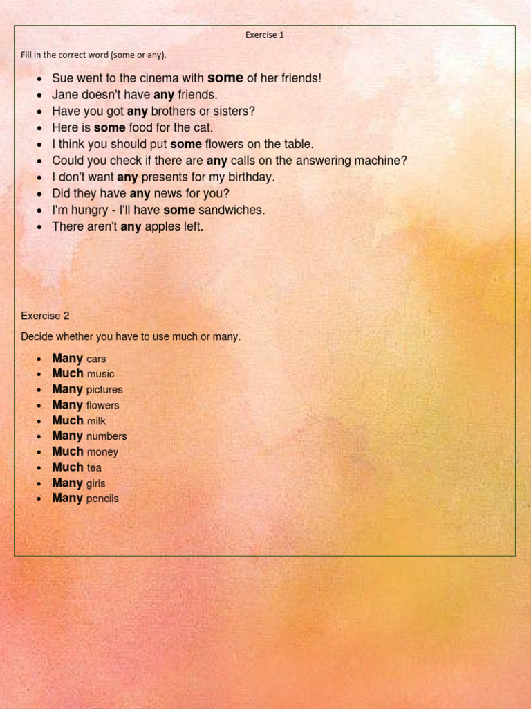 Grammar Exercises: Some, Any, Much, Many | PDF | Language Arts & Discipline