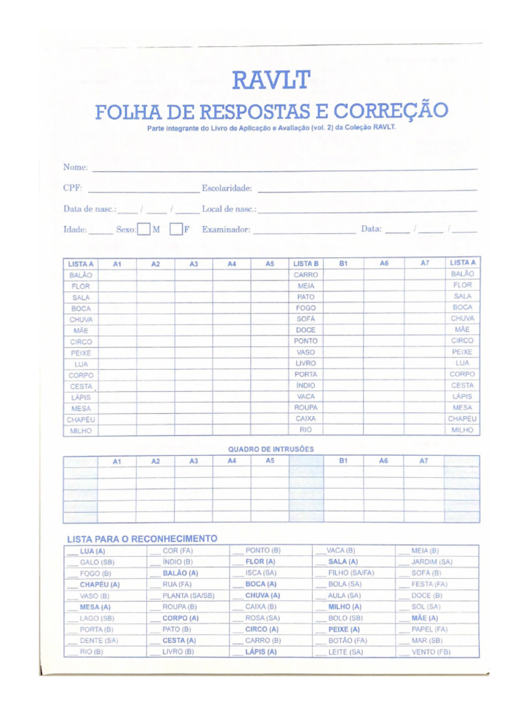 Ravlt Folha de Respostas e Correção | PDF