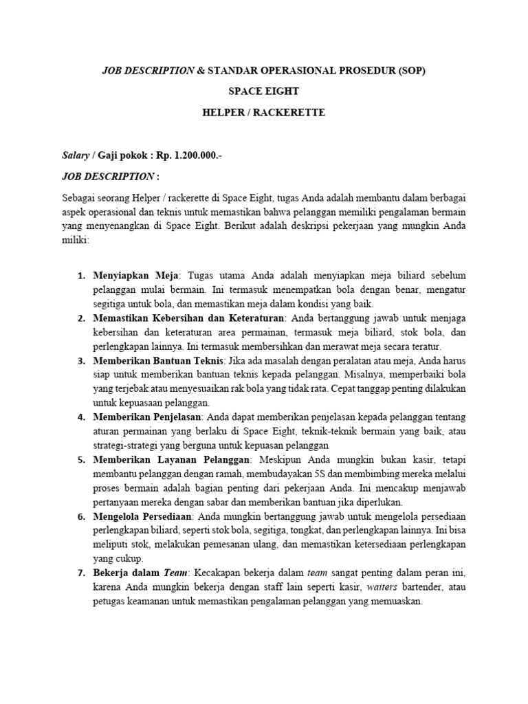 JD & Sop Helper - Space Eight 06 Mei 2024 | PDF | Bisnis
