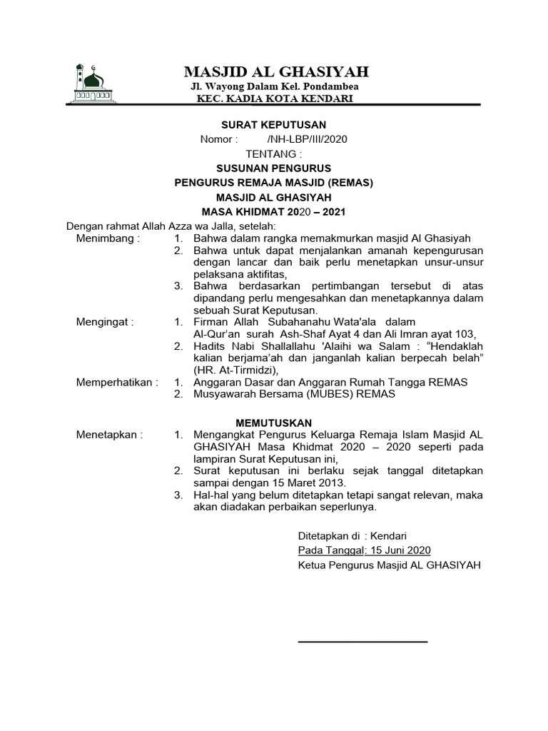 Contoh SK Remaja MASJID | PDF