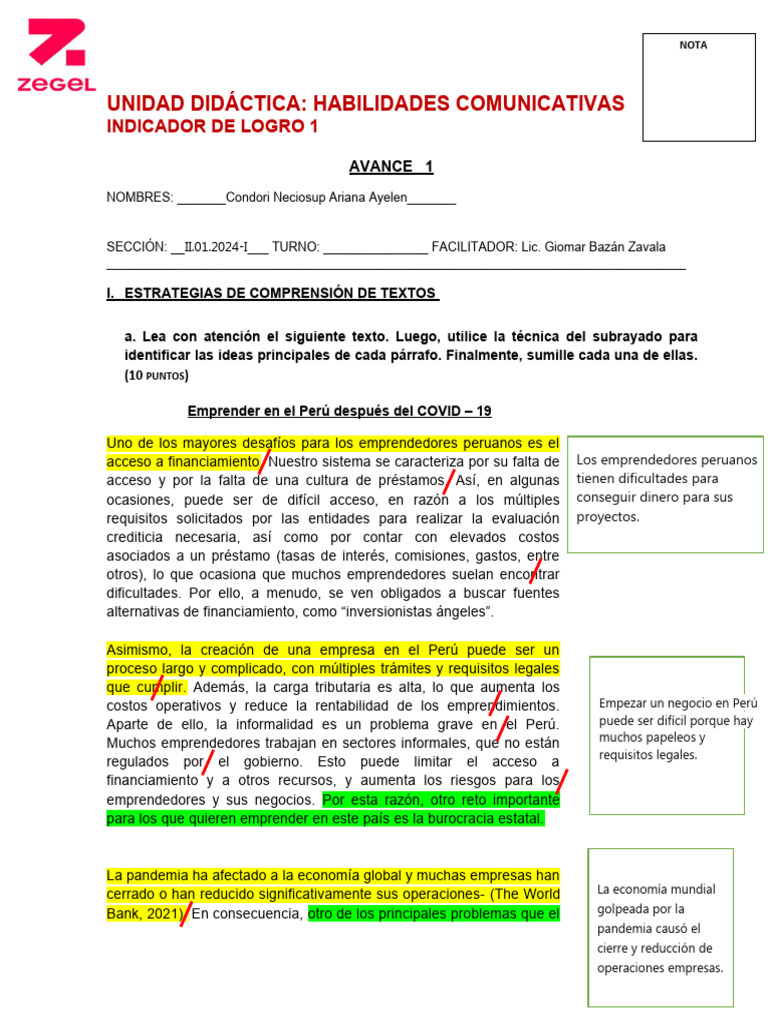 Av1 2024-I Habilidades Comunicativas Condori Neciosup | PDF | Iniciativa empresarial | Perú