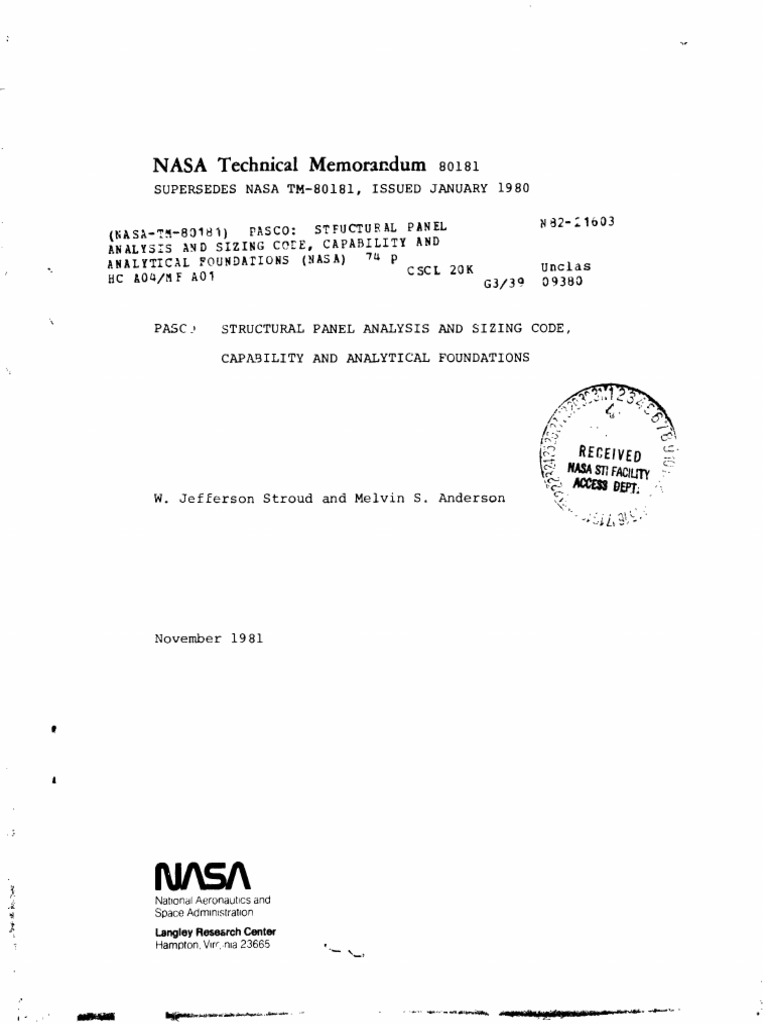 NASA-TM-80181 PASCO Structural Panel Analysis and Sizing Code ...