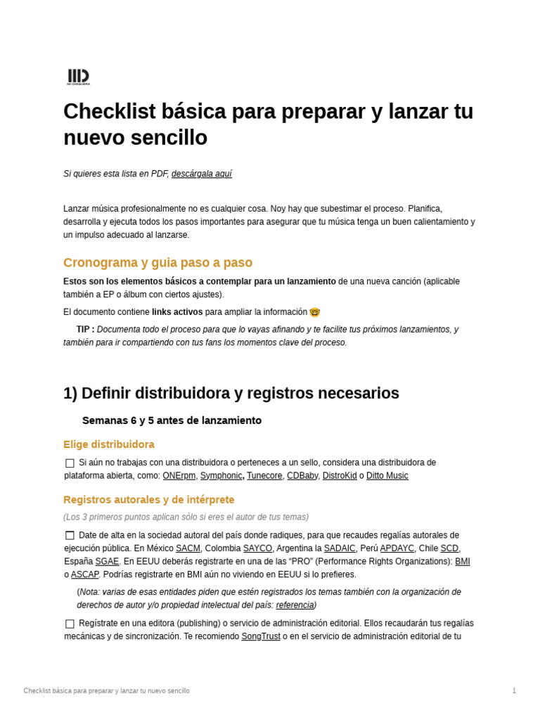 Checklist para lanzar tu nuevo sencillo | PDF | Youtube | Spotify