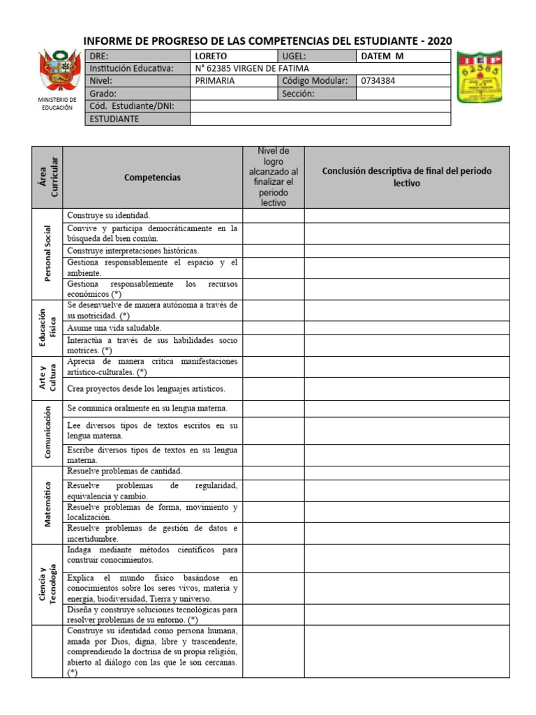 Boleta INFORME DE PROGRESO - Primaria | PDF | Aprendizaje | Cognición