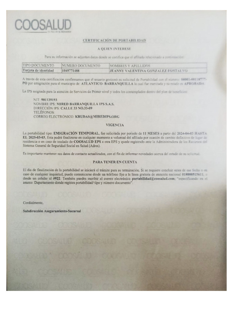 Certif Portabilidad | PDF