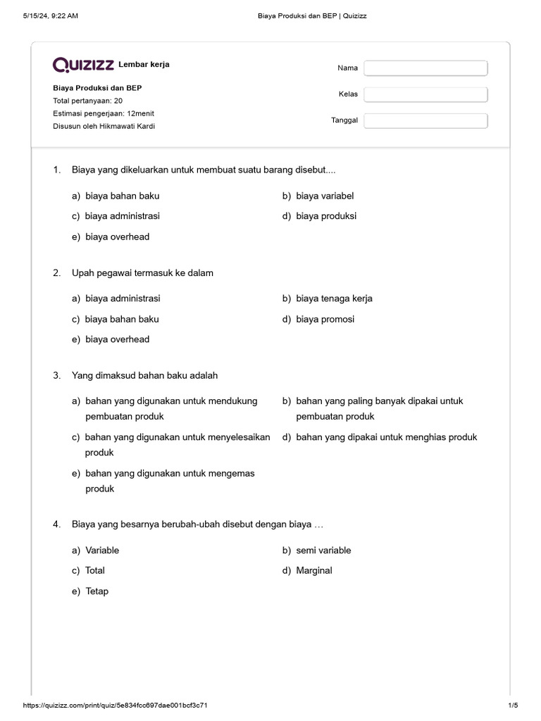 Biaya Produksi Dan BEP - Quizizz | PDF | Komputer