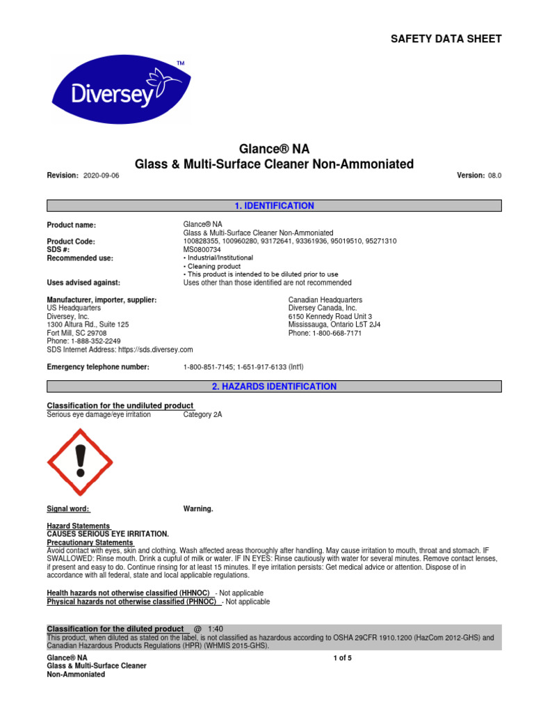 MSDS GLANCE NA | PDF | Personal Protective Equipment | Hazardous Waste