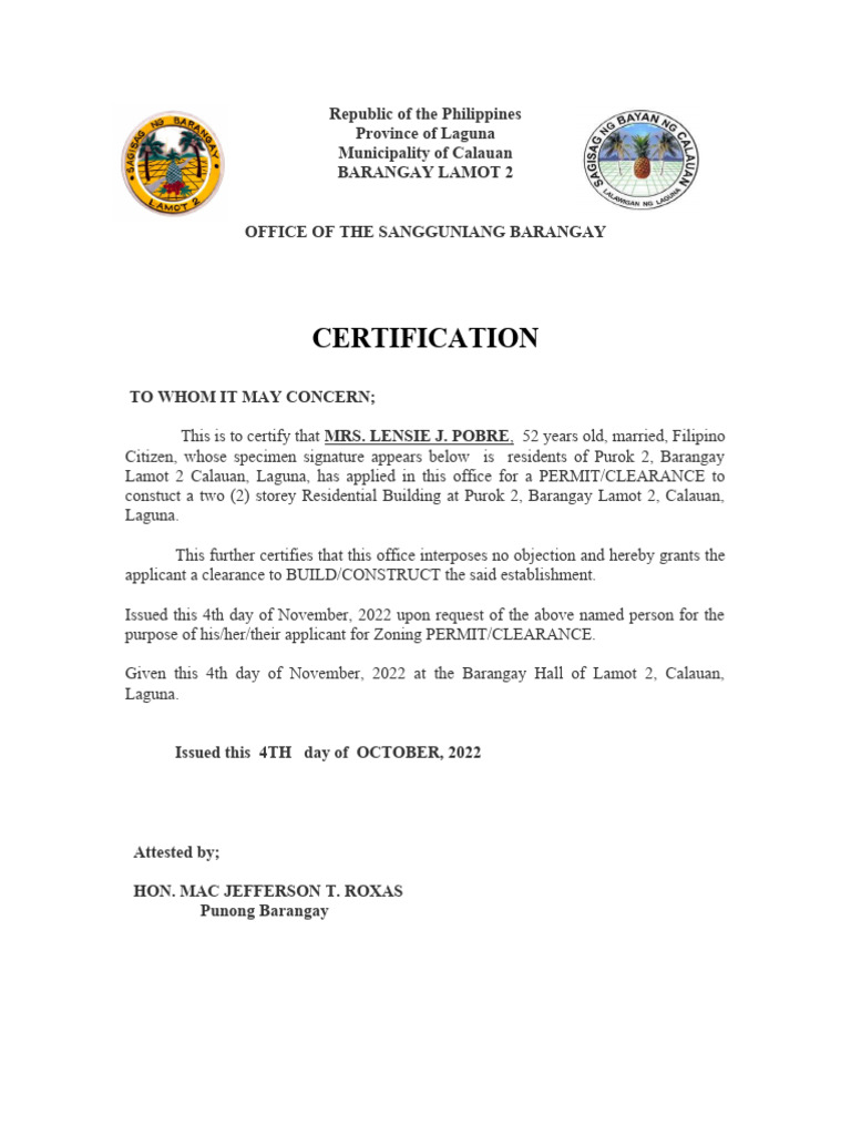 BUILDING PERMIT (ZONING) CERTIFICATION | PDF