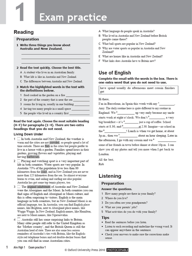 Aim High 1 Exam Practice 1 | PDF | Australia