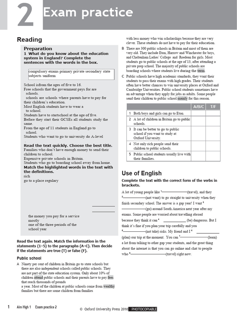 Aim High 1 Exam Practice 2 | PDF | Schools | Educational Institutions